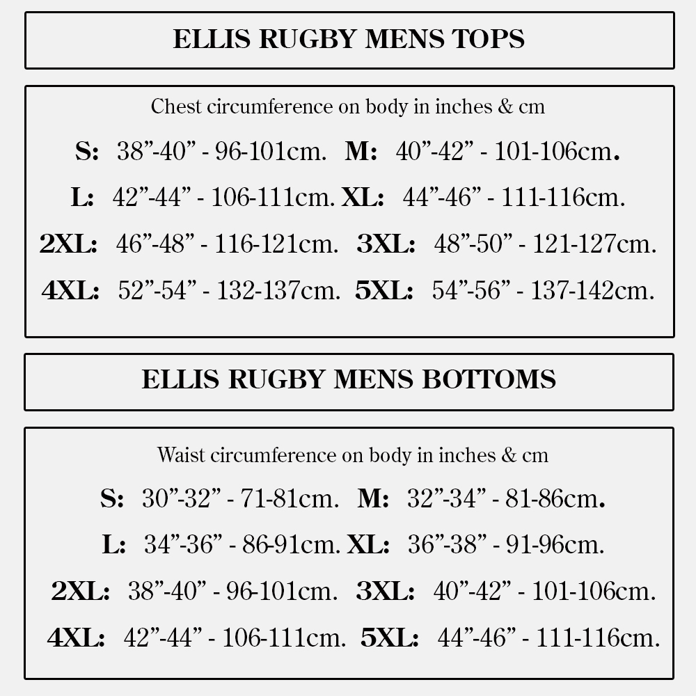 Size Guides - Ellis Rugby
